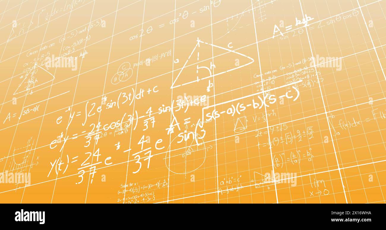 Image of mathematical drawings and sums over grid pattern against ...