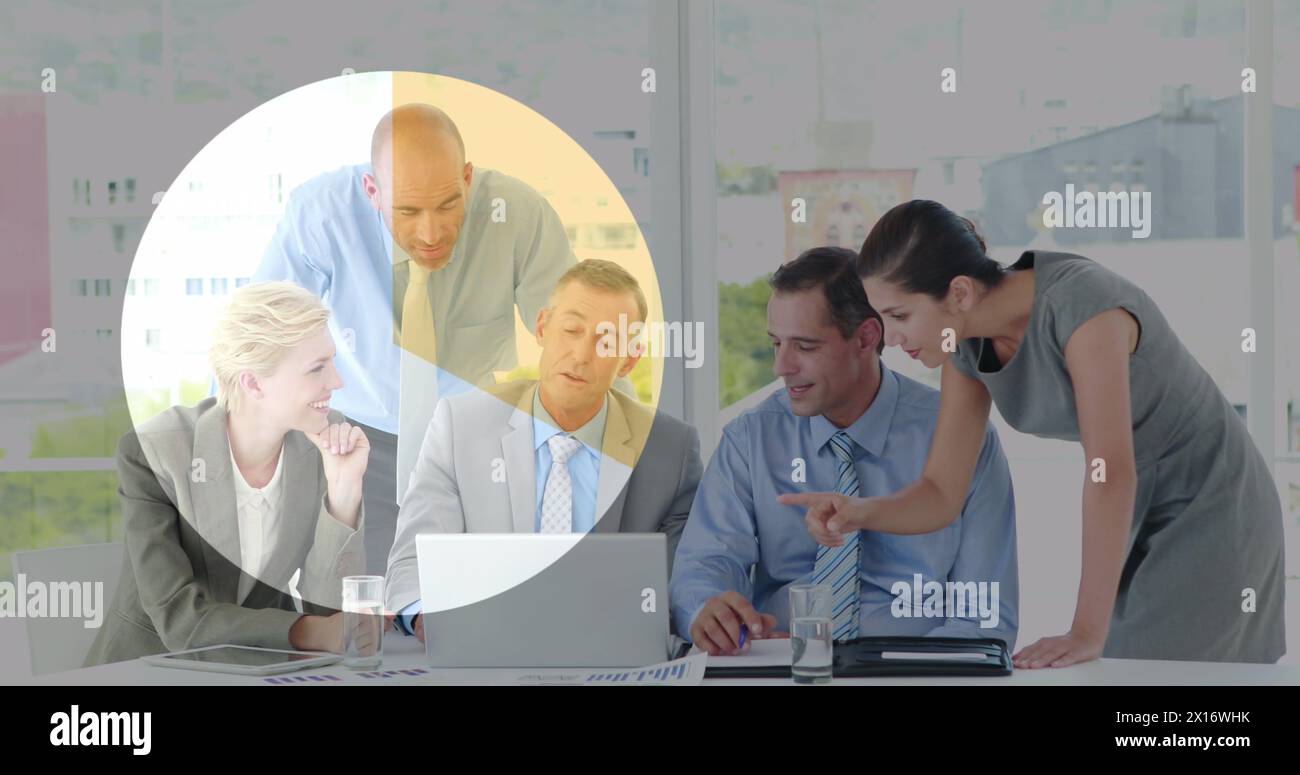 Image of loading pie chart over diverse coworkers discussing reports ...