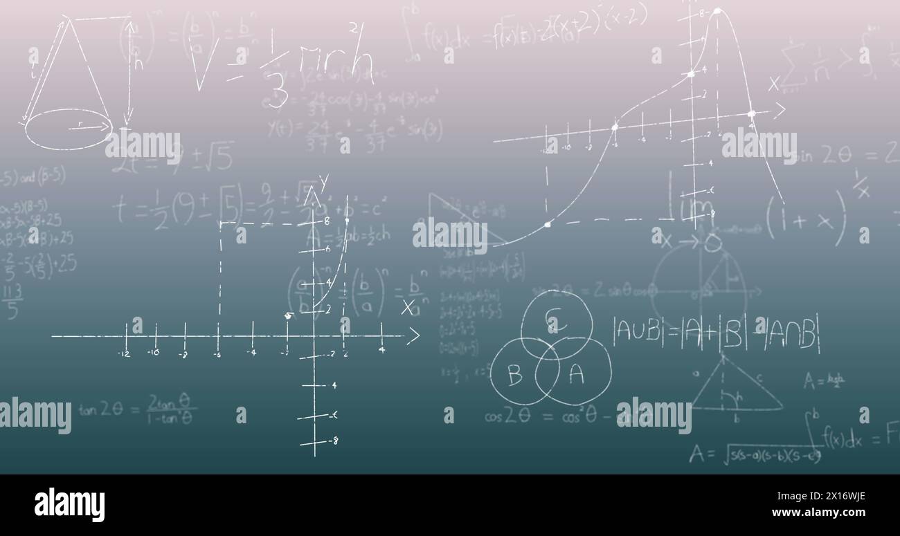 Image of mathematical equations and diagrams floating against green ...