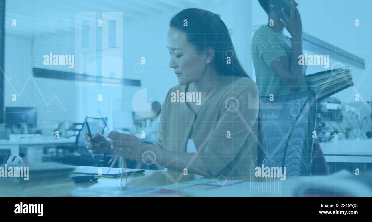 Image of data processing and digital icons over asian woman taking ...