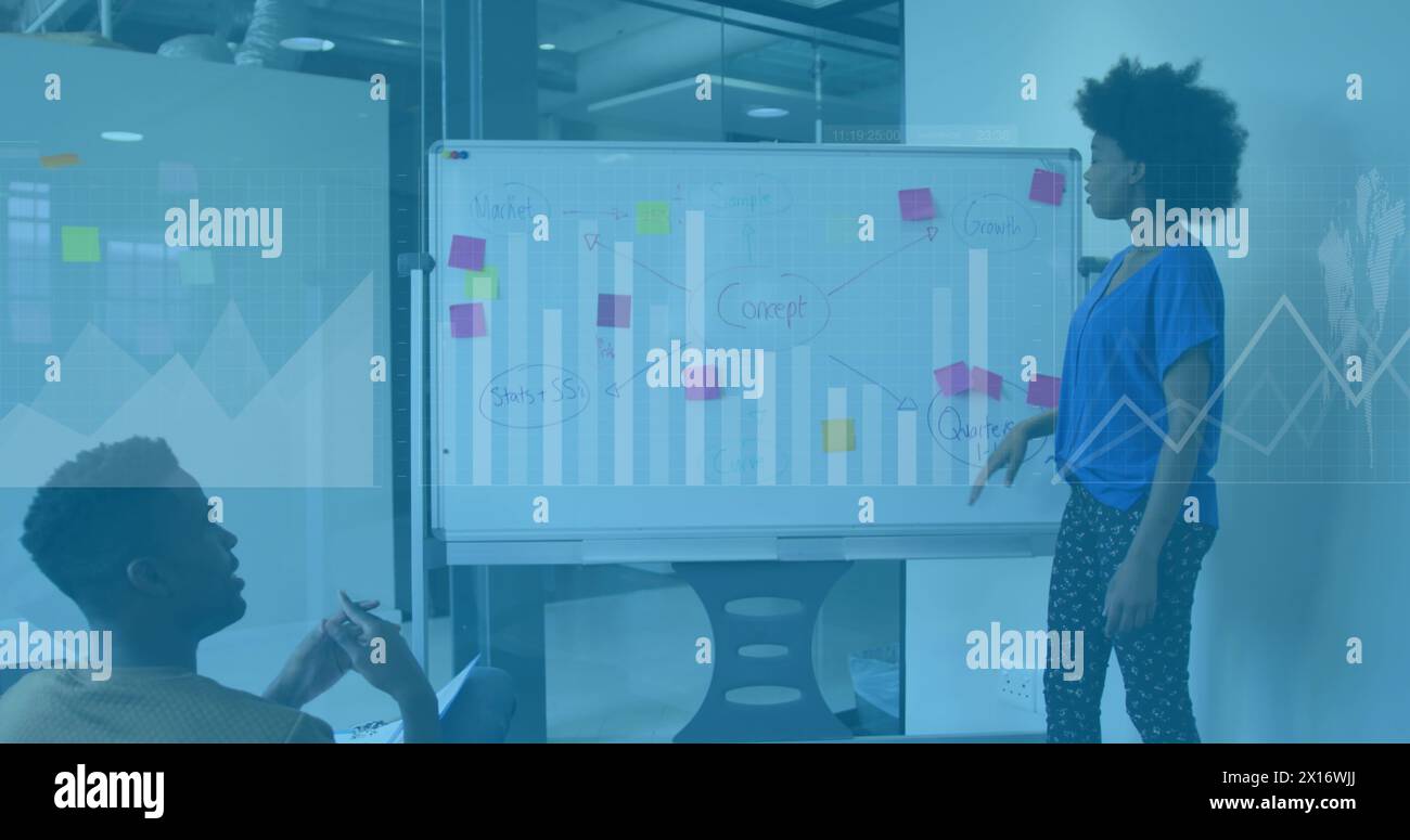 Image of data processing over african american man and woman discussing ...