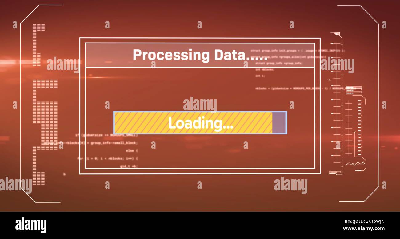 Image of interface with data processing against light soot on red ...