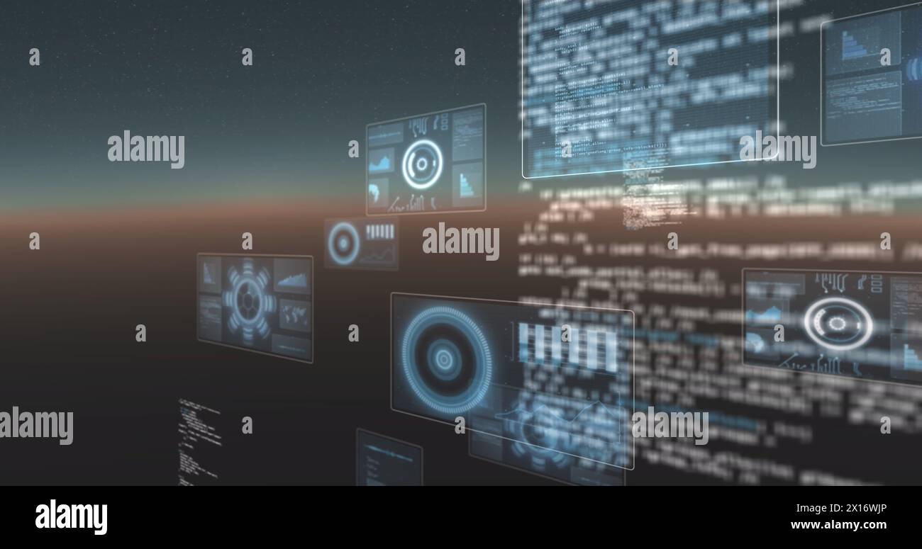 Image of round scanner and data processing against dual tone background ...