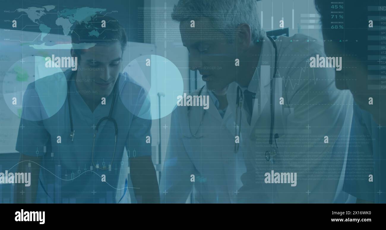 Image of data processing over team of diverse doctors and health ...