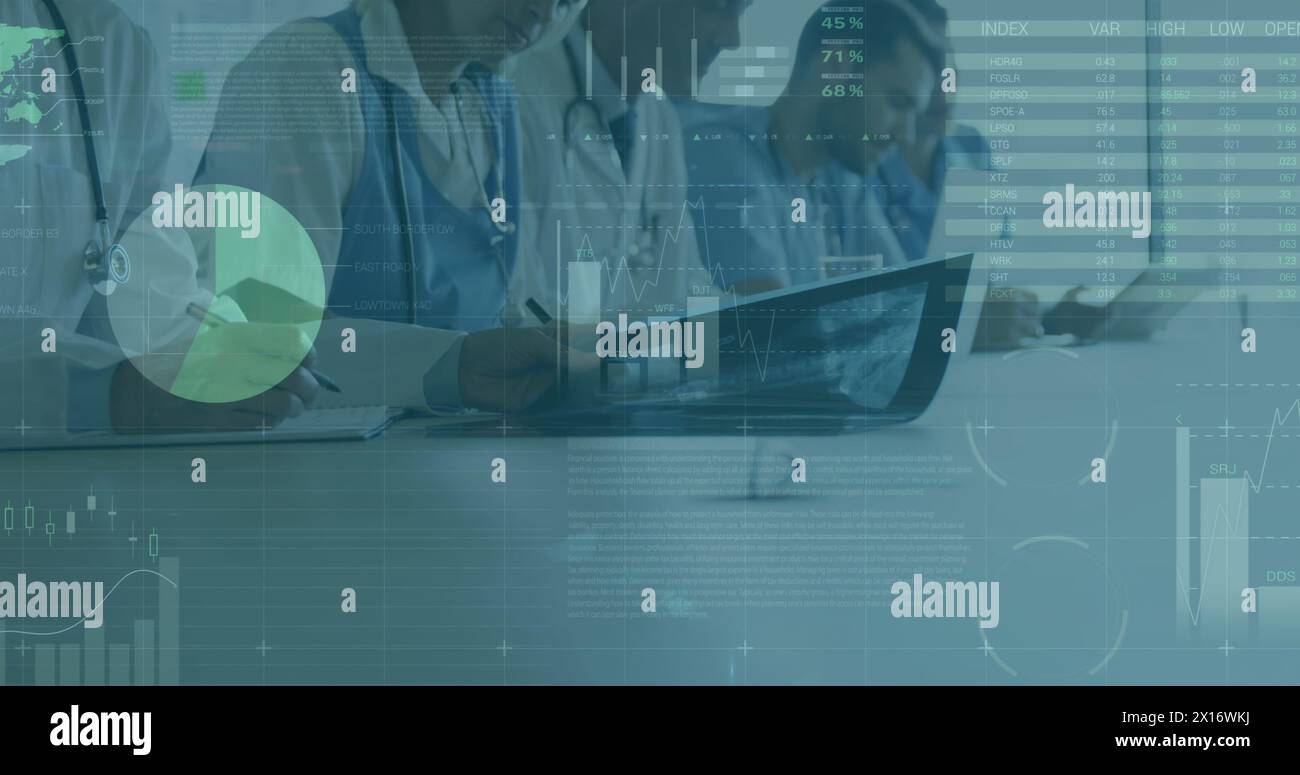 Image of data processing over mid section of team of diverse doctors ...