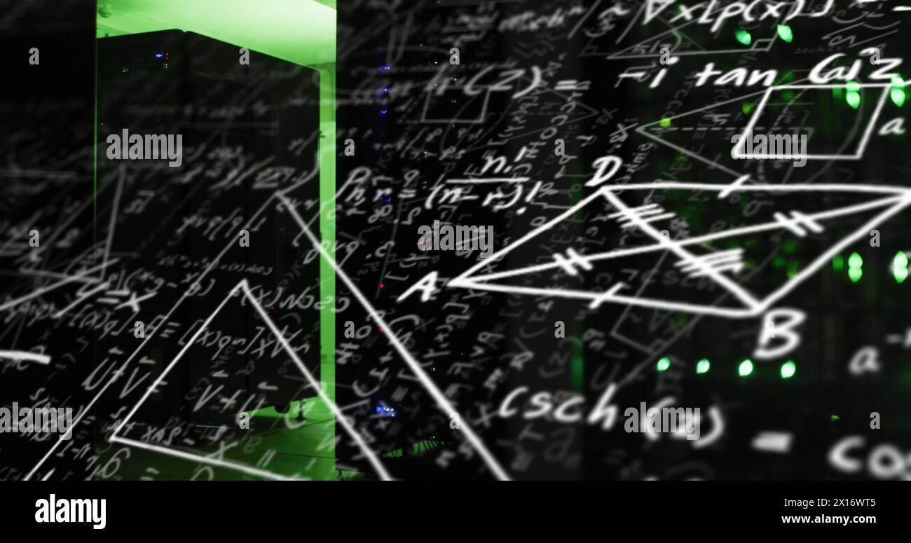 Image of mathematical equation and diagrams against illuminated server ...