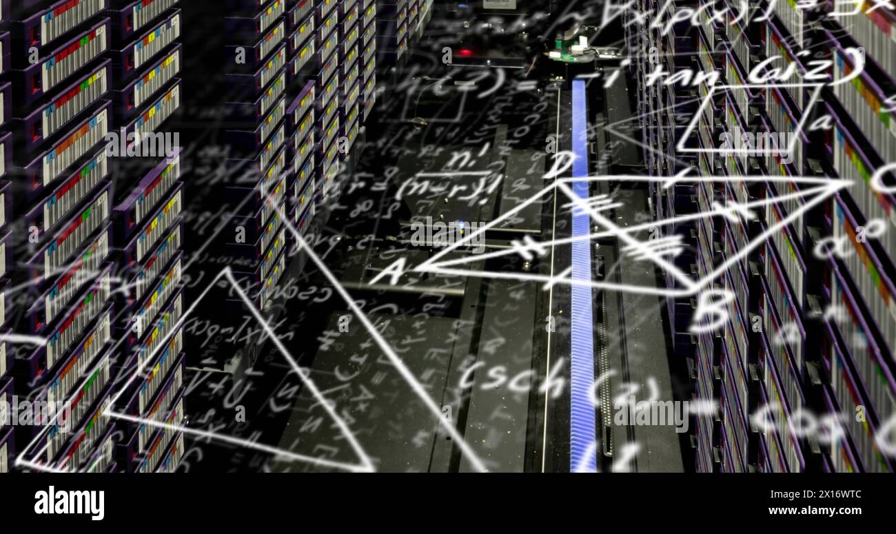 Image of mathematical equations floating against computer server room Stock Photo - Alamy