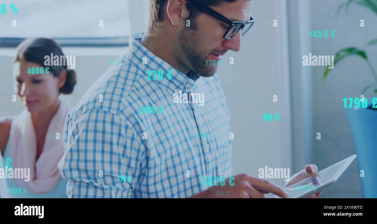 Image of changing numbers with currency symbols over caucasian man using digital tablet Stock ...