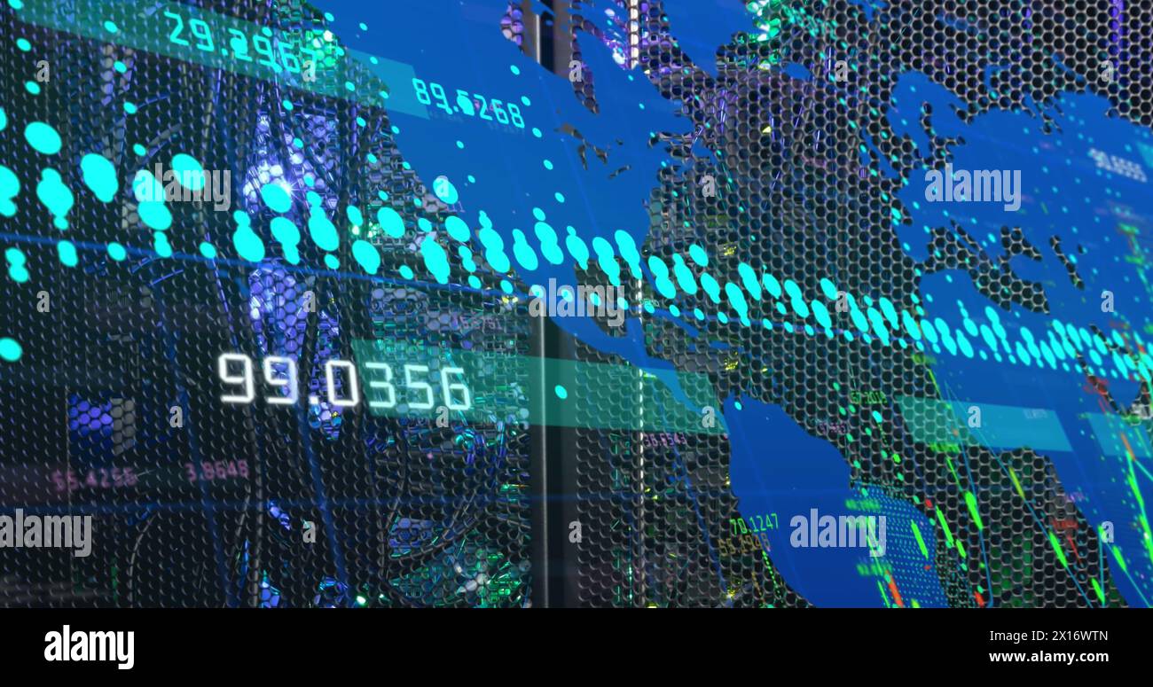 Image of graph, changing numbers and computer language over server rack in server room Stock ...