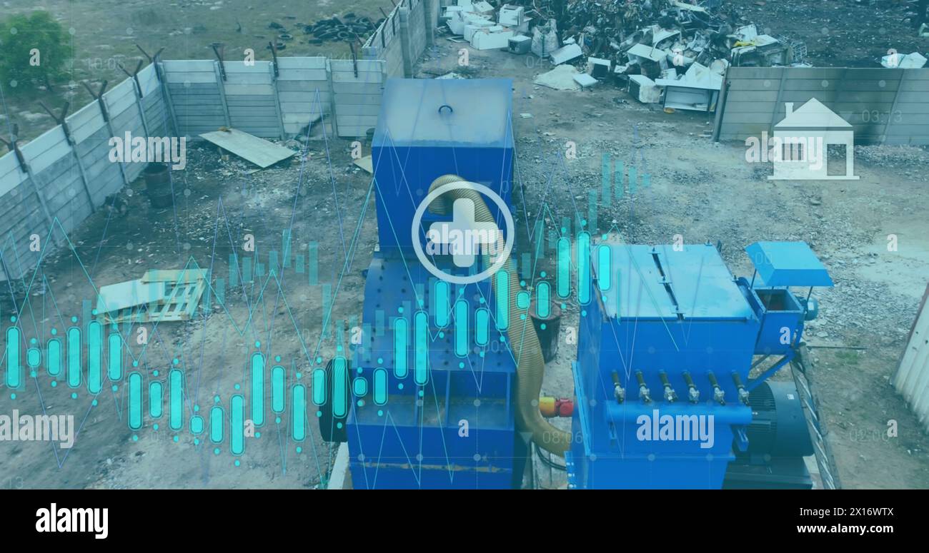 Image of graphs and sustainable symbols over recycling plant at waste ...