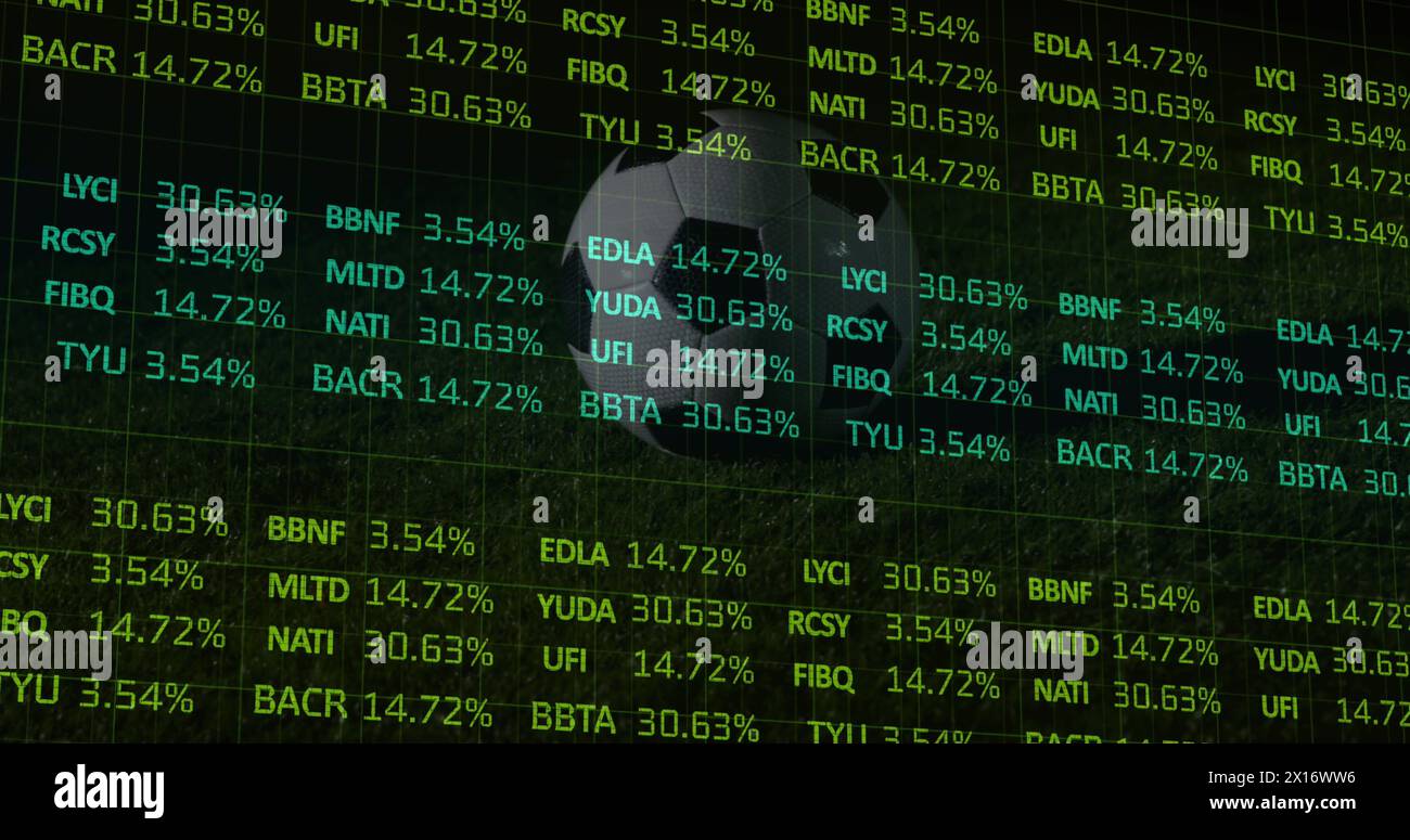 Image of financial data processing over football player kicking ball ...