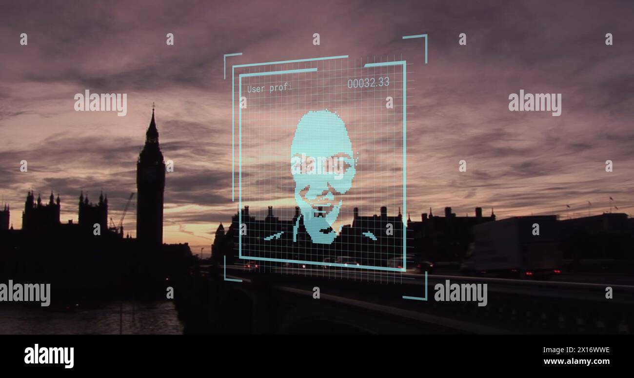 Image of biometric photo and data processing over london cityscape ...