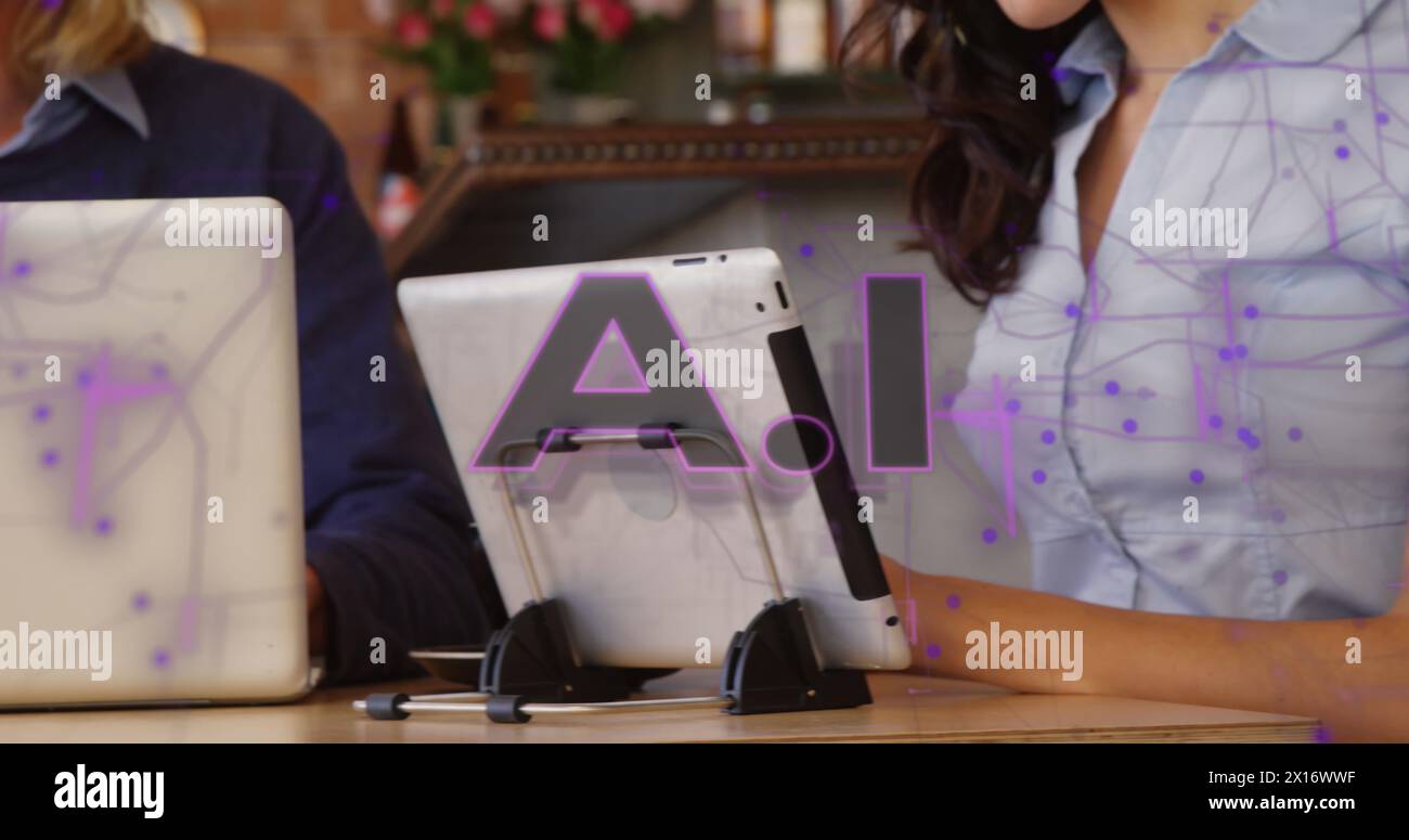 Image of ai text and connections over biracial businesswoman in office ...