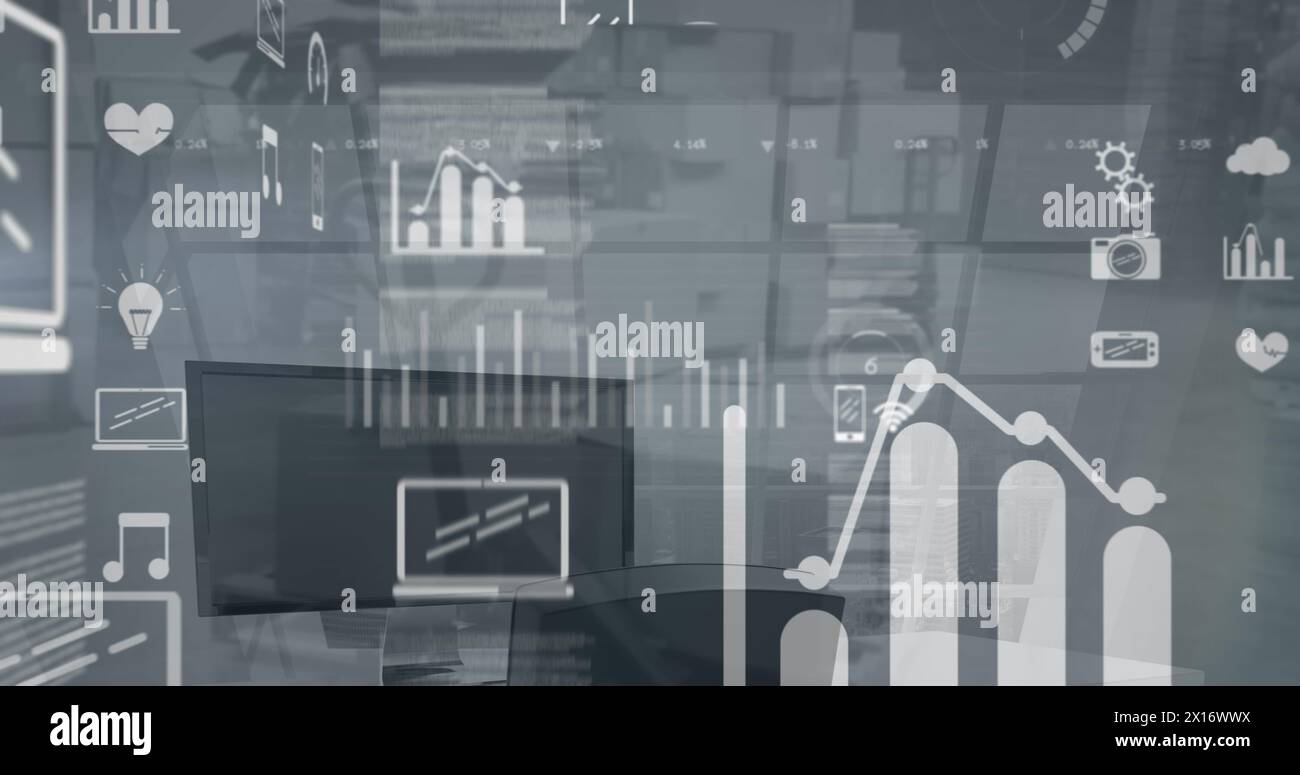 Image of statistical data processing against empty office Stock Photo ...