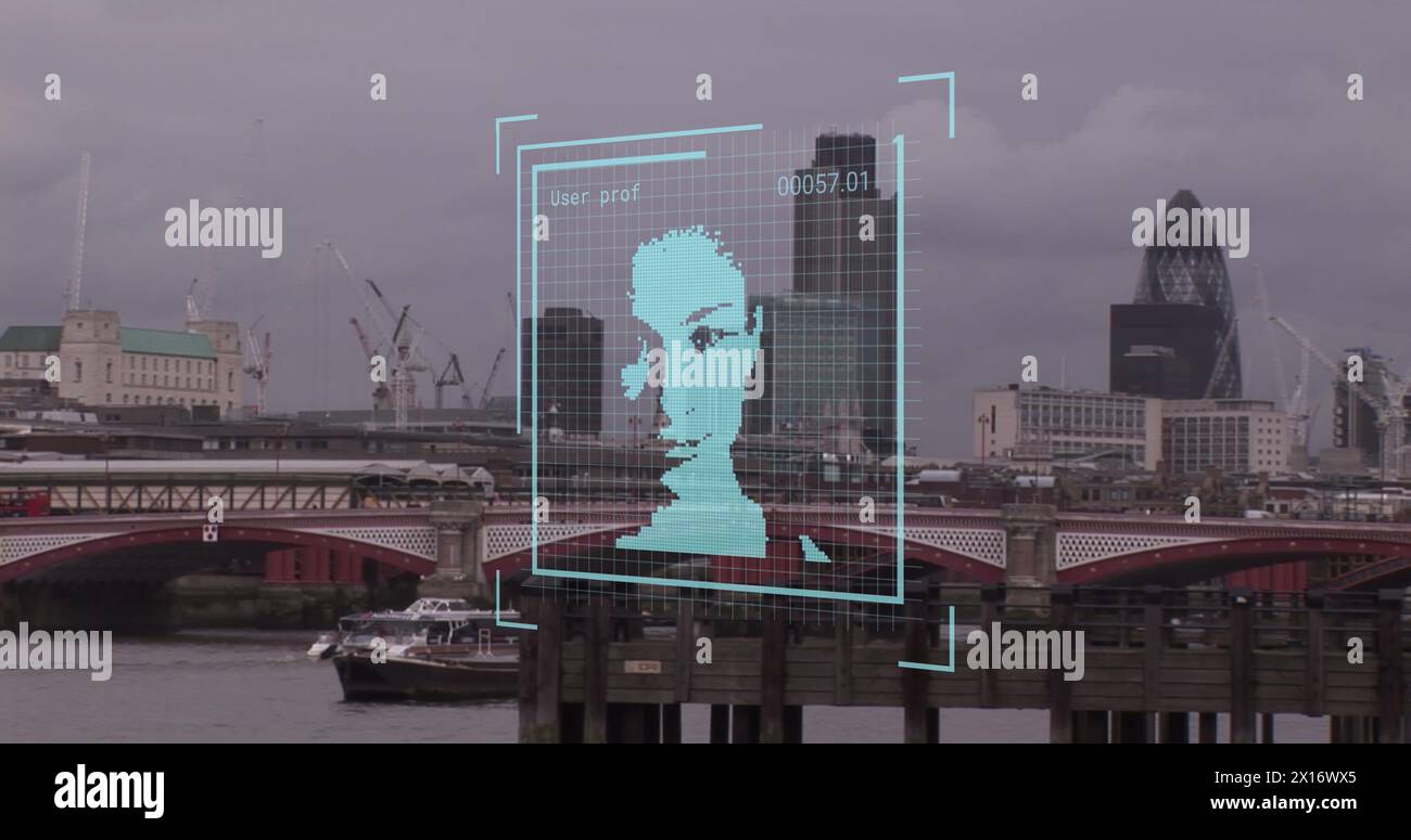 Image of biometric photo and data processing over london cityscape ...