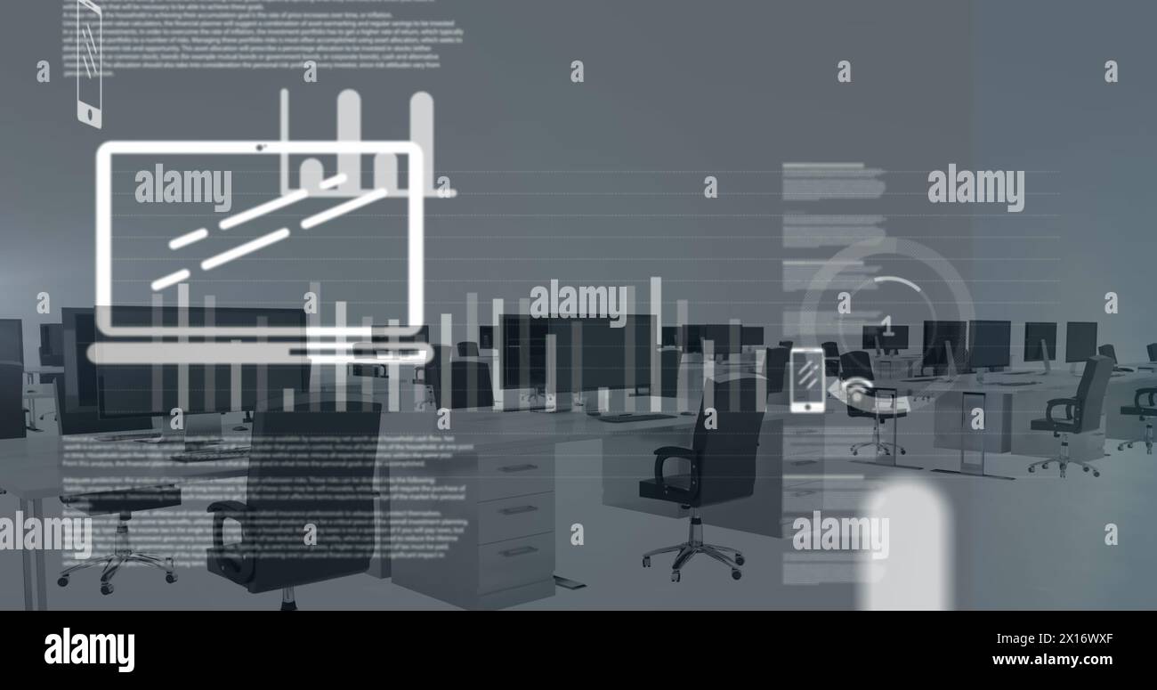 Image of screens with data processing against empty office Stock Photo ...