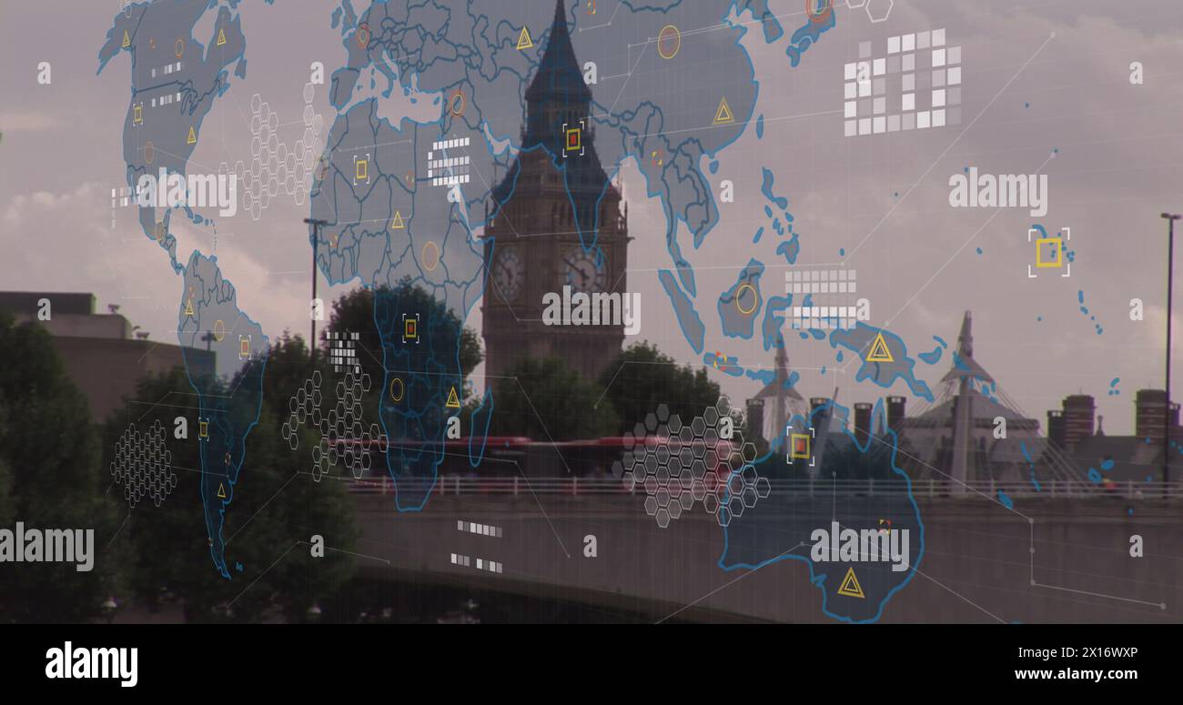 Image of financial data processing and world map over london cityscape ...