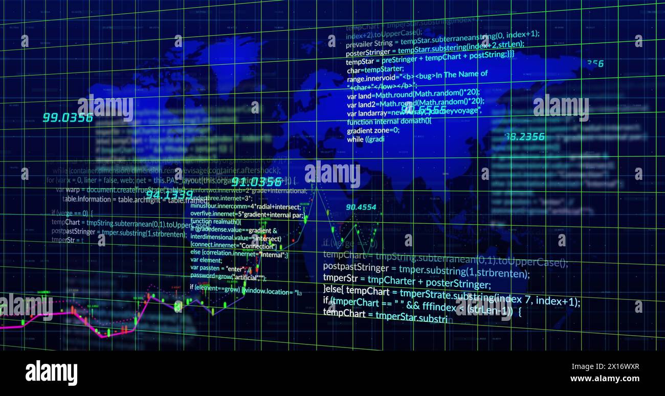 Image of data processing over grid network and world map against blue ...