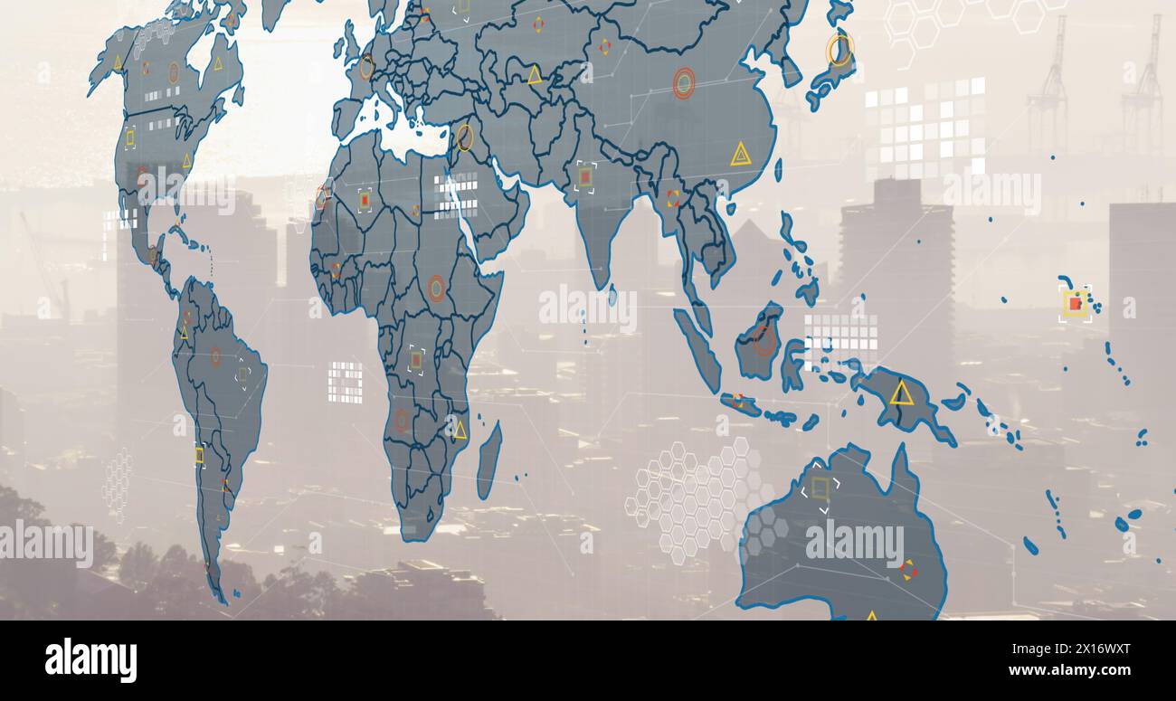 Image of world map and financial data processing over cityscape Stock Photo - Alamy