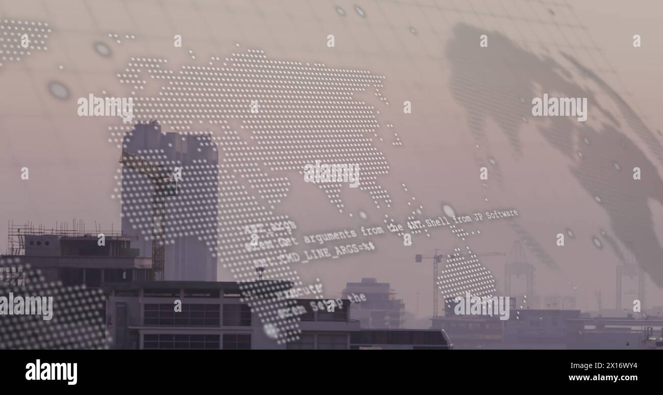 Image of world map and data processing over cityscape Stock Photo - Alamy