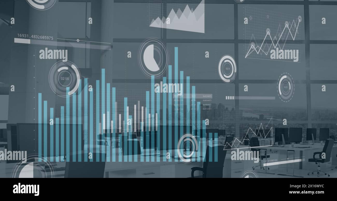 Image of statistical data processing against empty office Stock Photo ...