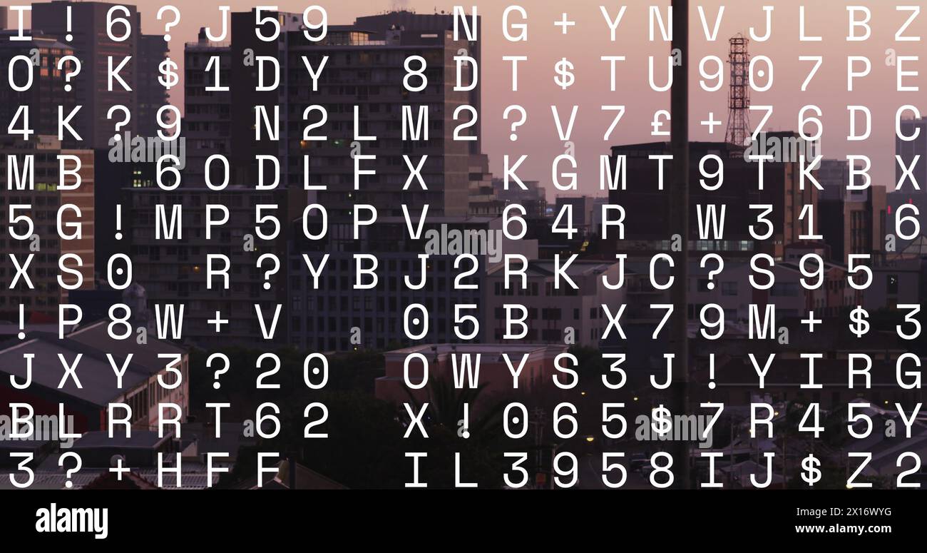 Image of data processing with letters over modern cityscape Stock Photo ...