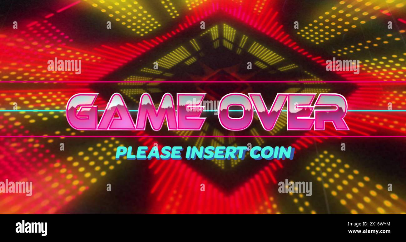 Image of game over text banner against neon abstract shapes in seamless ...