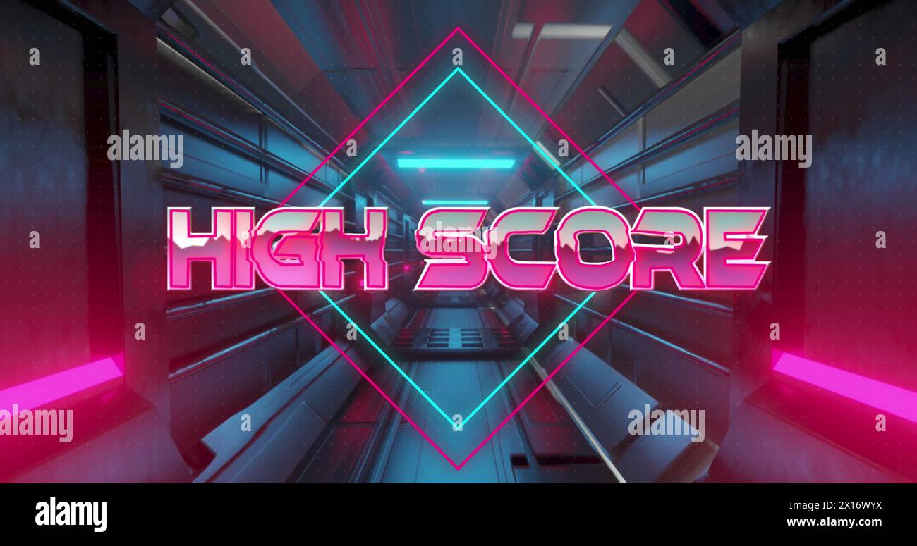 Image of high score text banner over abstract neon shapes against ...
