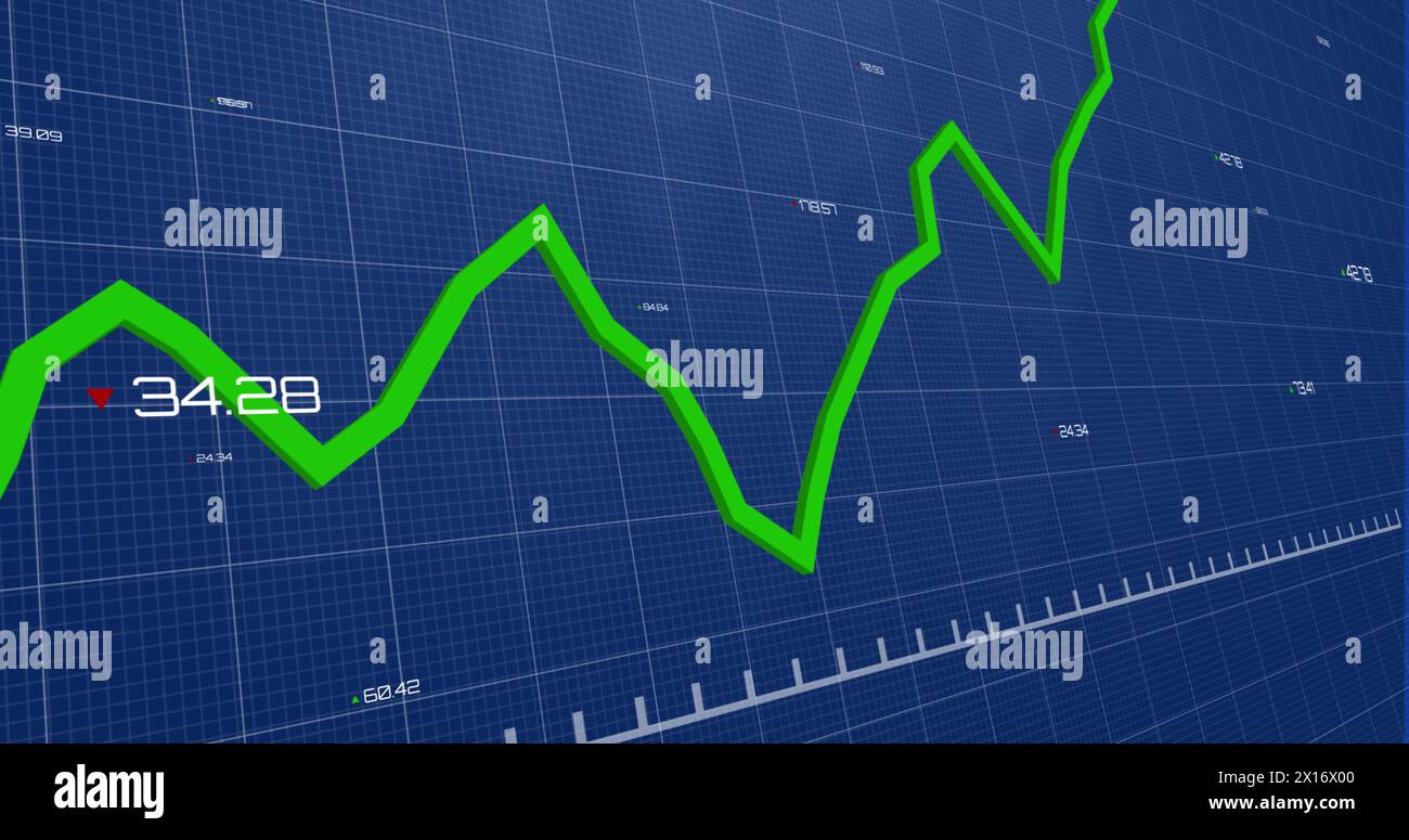 Image of graph with changing numbers over grid pattern against blue ...