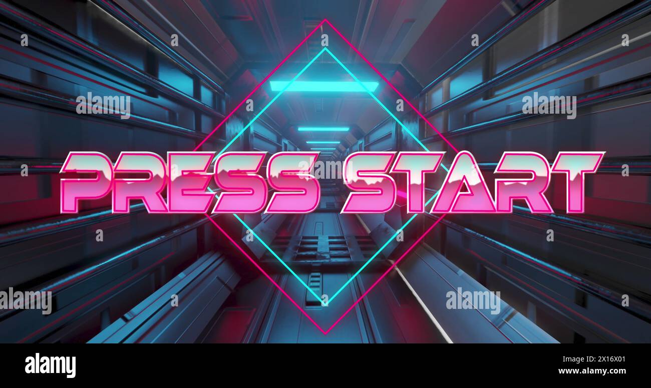 Image of press start text over neon banner against grey tunnel in ...