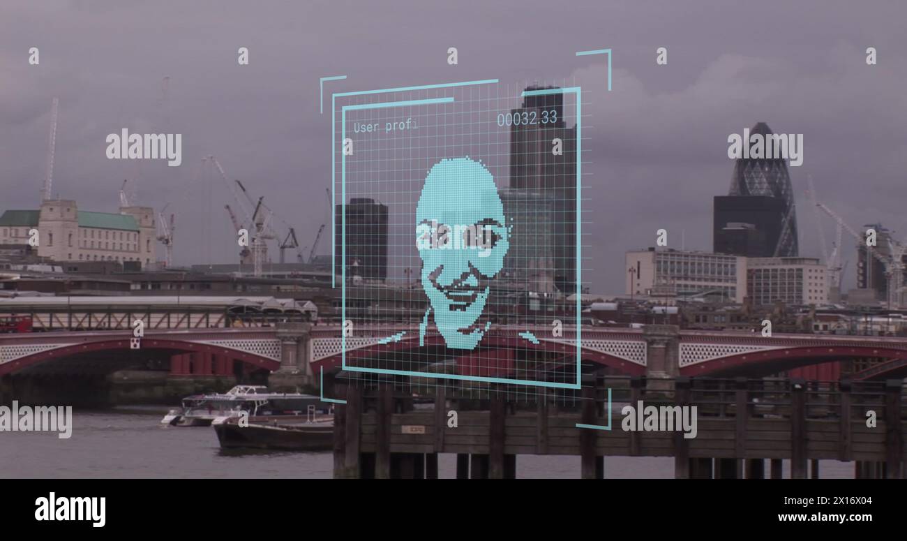 Image of biometric photo and data processing over london cityscape ...