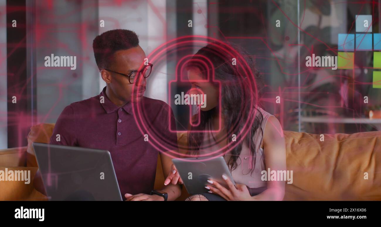 Image of security padlock and connections over diverse business people ...