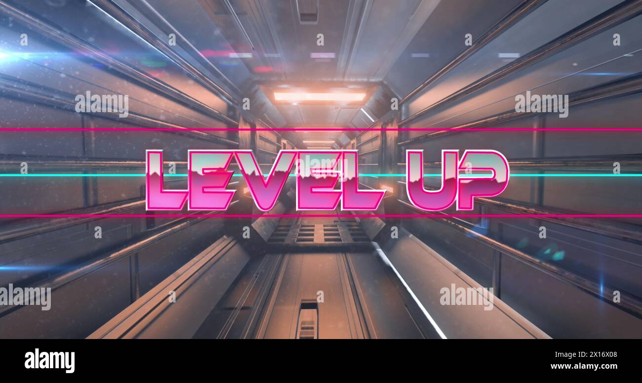 Image of level up text banner against grey tunnel in seamless pattern ...