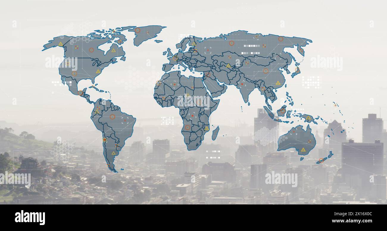 Image of world map and financial data processing over cityscape Stock ...