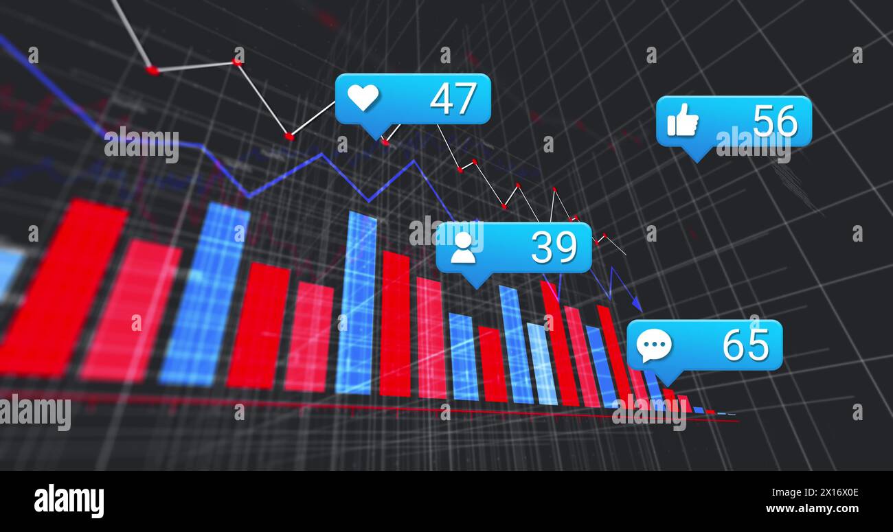 Image of icon and changing numbers in message boxes over graphs and computer language Stock ...