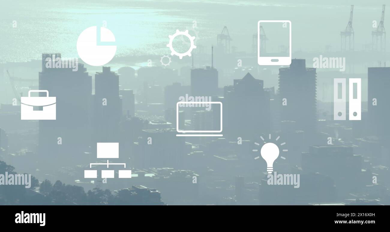 Image of data processing and icons over cityscape Stock Photo - Alamy