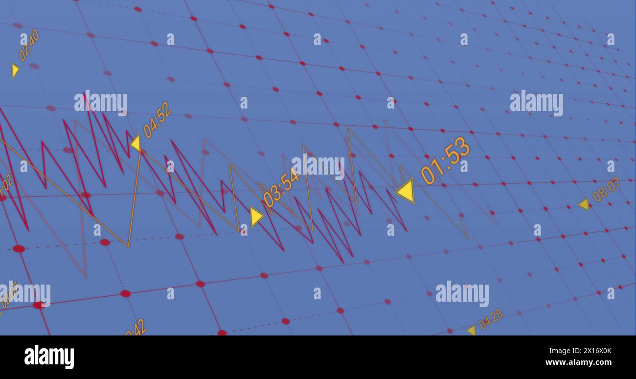 Image of multiple graphs and arrows with changing numbers against blue ...