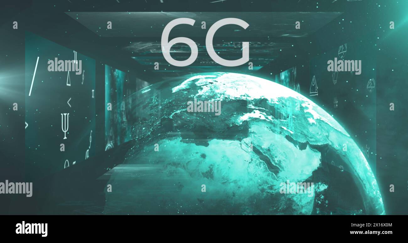 Image of 6g text over mathematical symbols and diagrams against globe ...