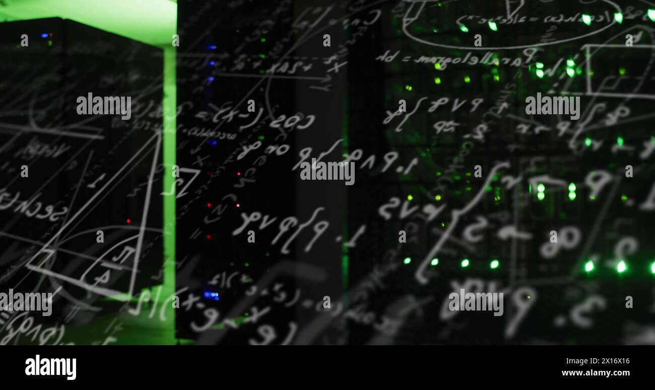 Image of mathematical equation and diagrams against illuminated server ...