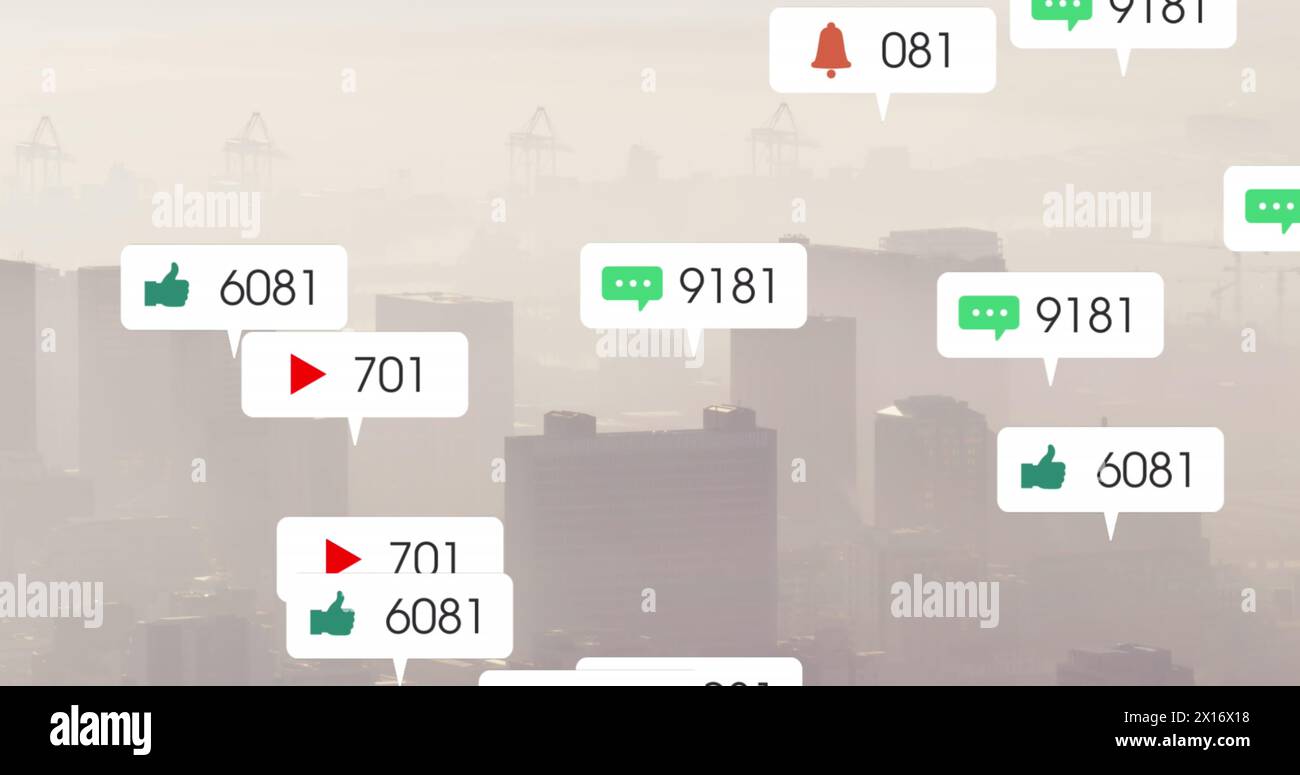 Image of social media icons floating against aerial view of cityscape ...