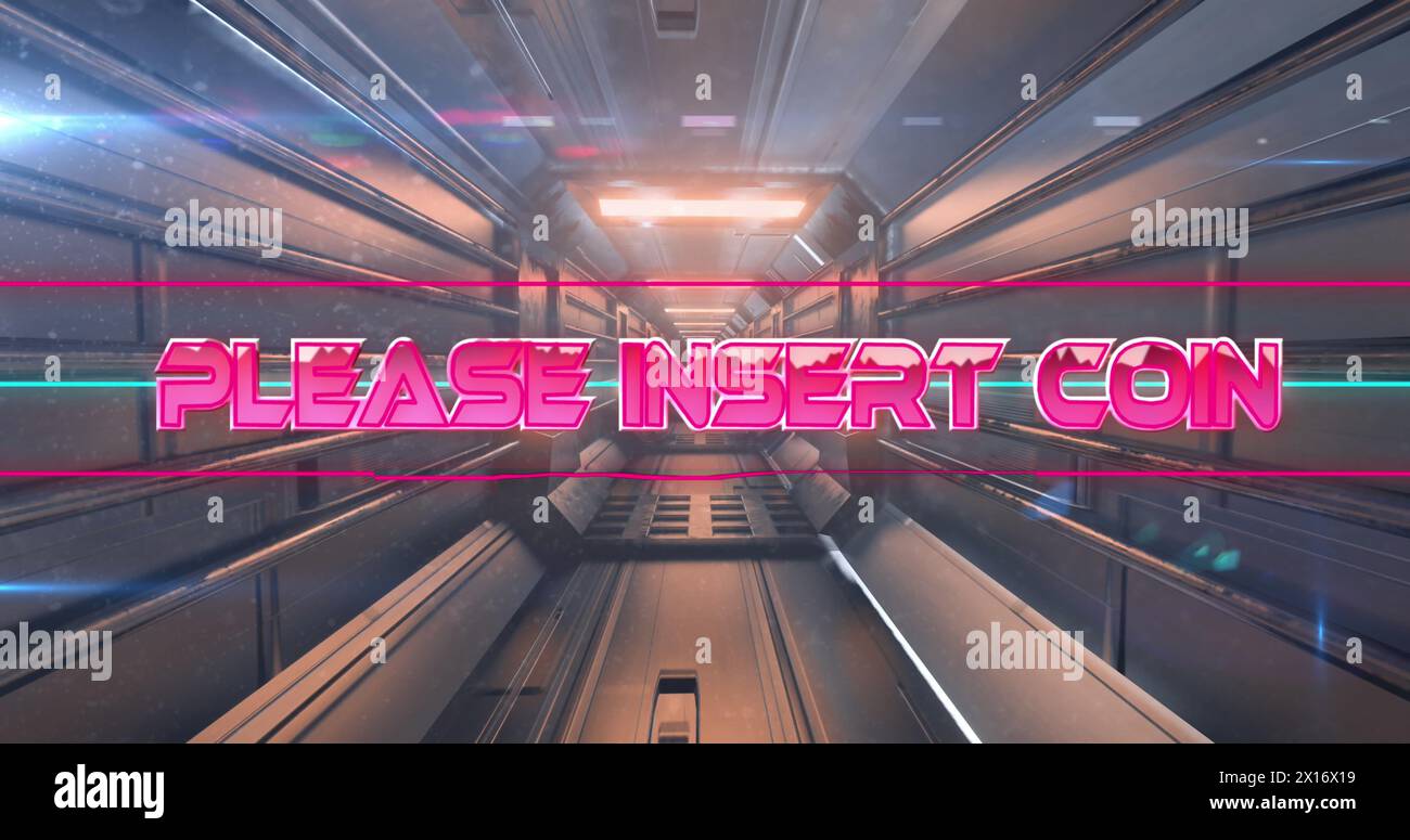 Image of please insert coin text banner against grey tunnel in seamless ...
