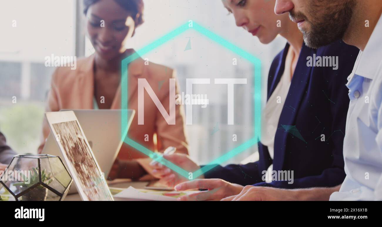 Image of nft text and connections over diverse business people in ...