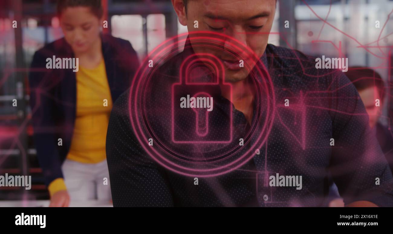 Image of security padlock and connections over biracial businessman ...