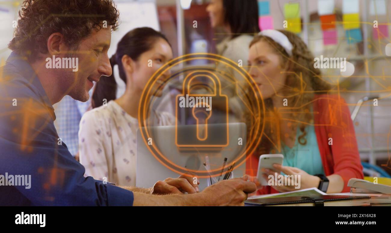 Image of security padlock and connections over diverse business people ...