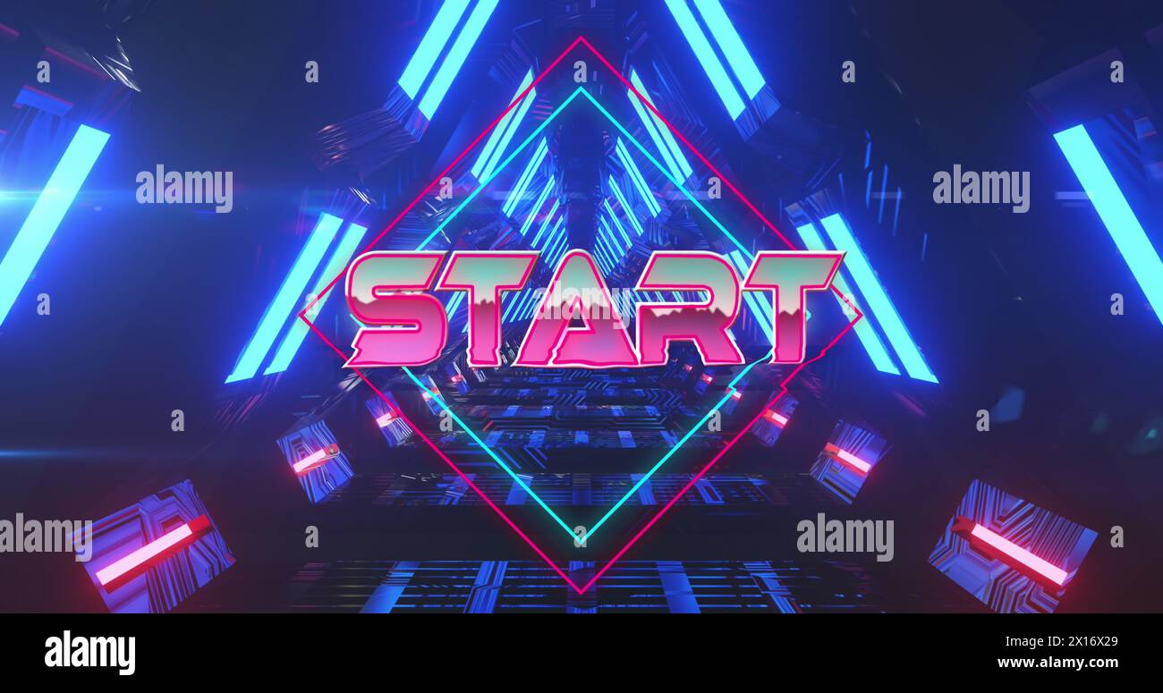 Image of start text banner against neon blue tunnel in seamless pattern ...