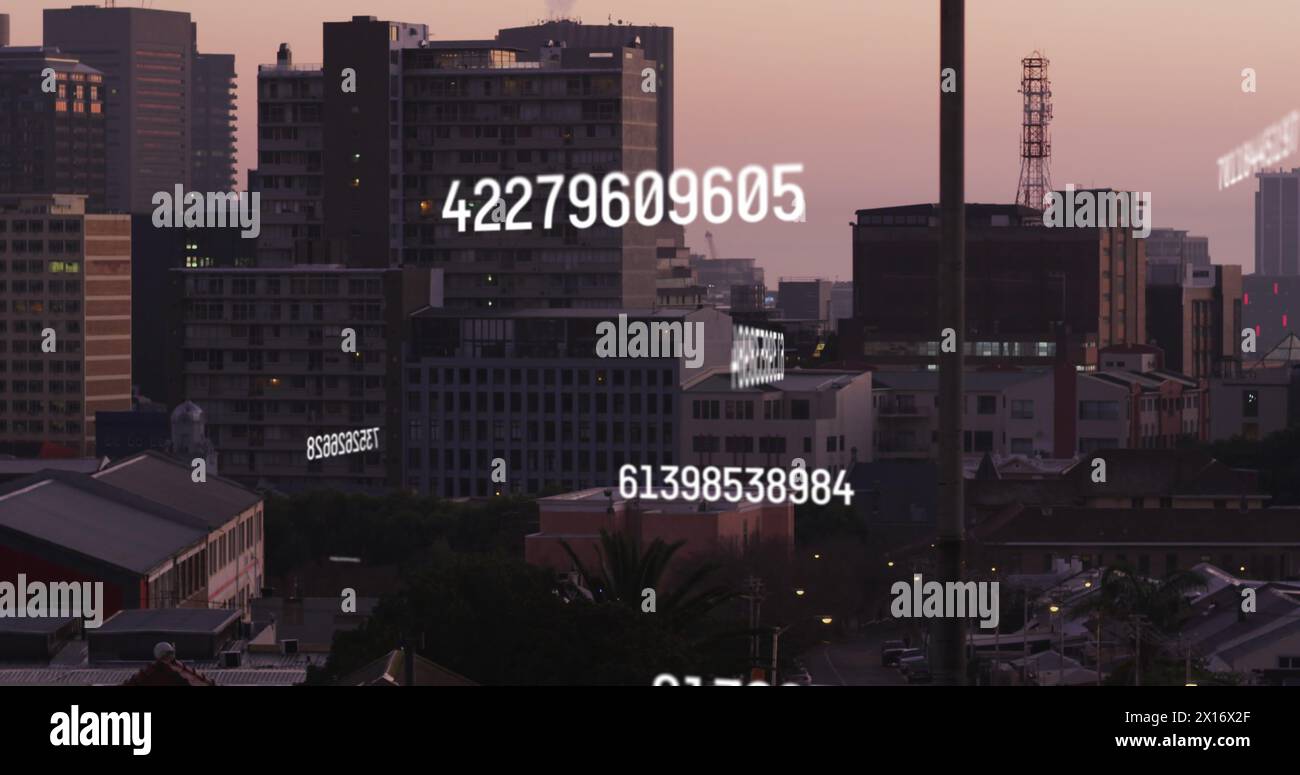 Image of multiple changing numbers against aerial view of cityscape ...