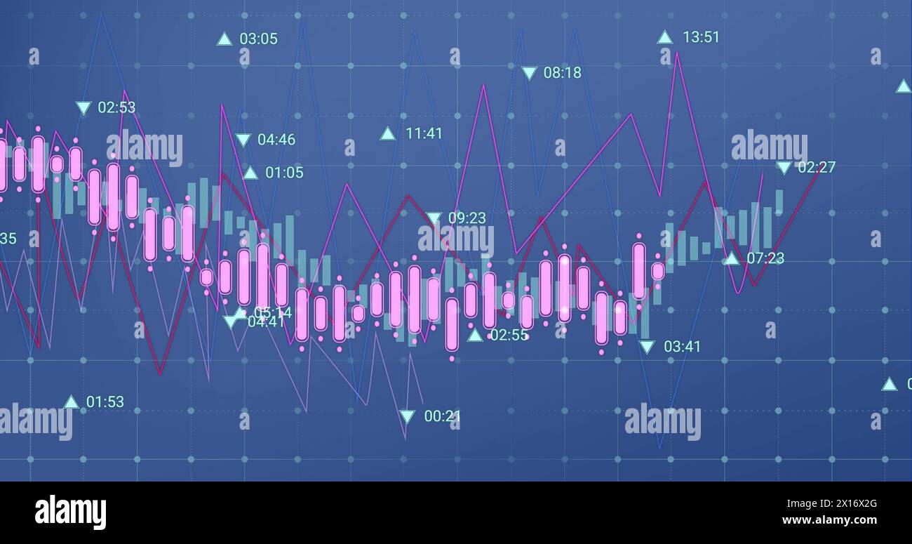 Image of multiple graphs with changing numbers against blue background Stock Photo - Alamy