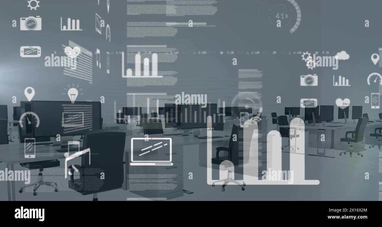 Image of screens with data processing against empty office Stock Photo ...