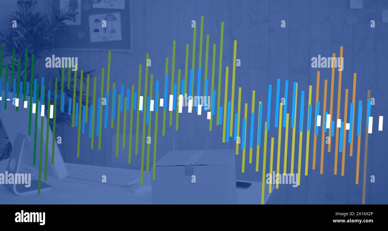 Image of multicolored graphs over empty chair, cardboard box and ...