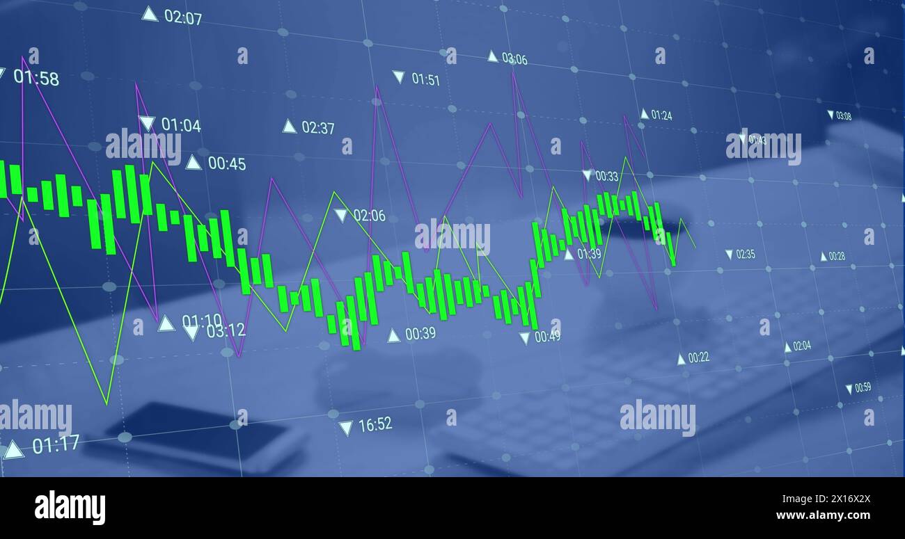 Image of multiple graphs, changing numbers, empty chair, cellphone ...